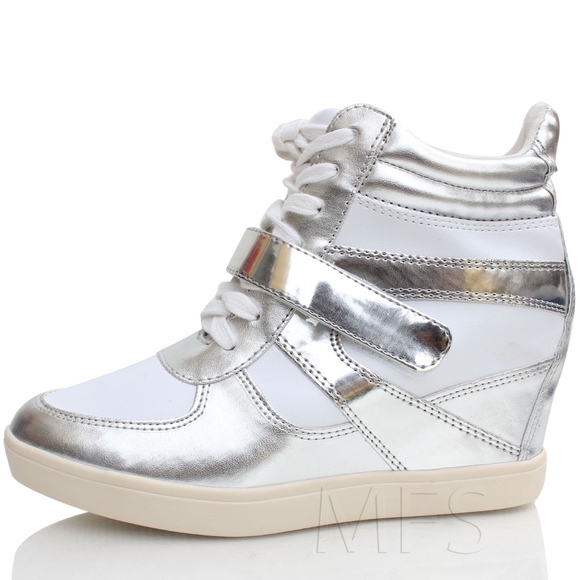 Shoes | White Silver Lace Up High Top Wedge Sneaker | Poshmark
